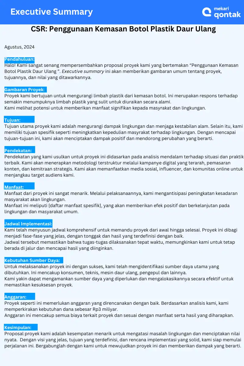 Contoh Executive Summary Proposal Tulisan
